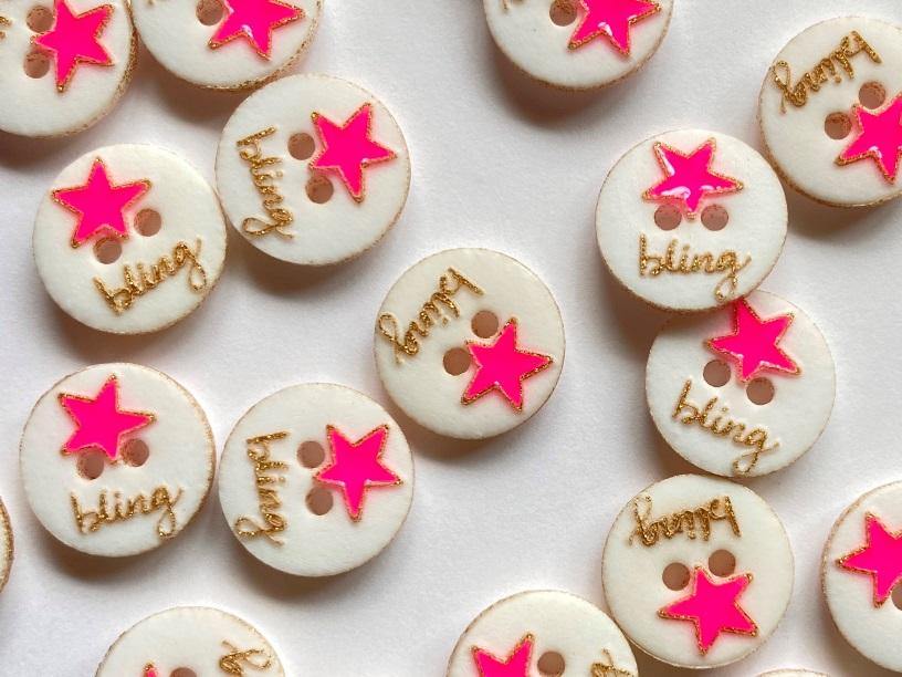 Gold Glitter ‘Bling’ Pink Star Buttons 12mm (½") Buttons | Tribe Yarns ...